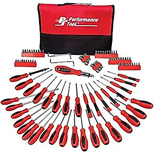 Performance Tool W1721 Screwdriver Set with Chrome Vanadium Blades, Magnetic Tips, and Zippered Organizing Pouch, Red (100-Piece)