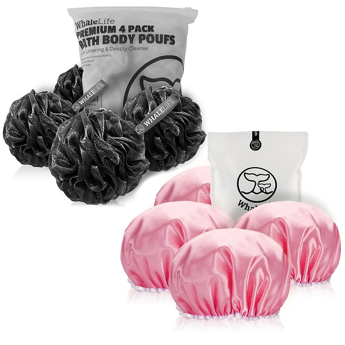 Bath Loofahs Sponge Natural4 Pack (Black) & Shower Cap 4pack (Pink) for Men and Women