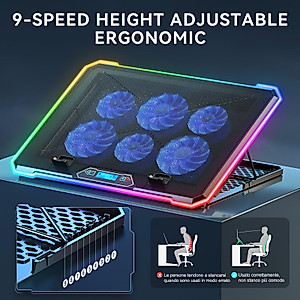 KYOLLY RGB Cooling Pad Gaming Laptop Cooler, Laptop Fan Cooling Stand with 6 Quiet for 15.6-17.3 inch laptops, 9 Height Stand, LED Lights & LCD Screen, 2 USB Ports, Lap Desk Use