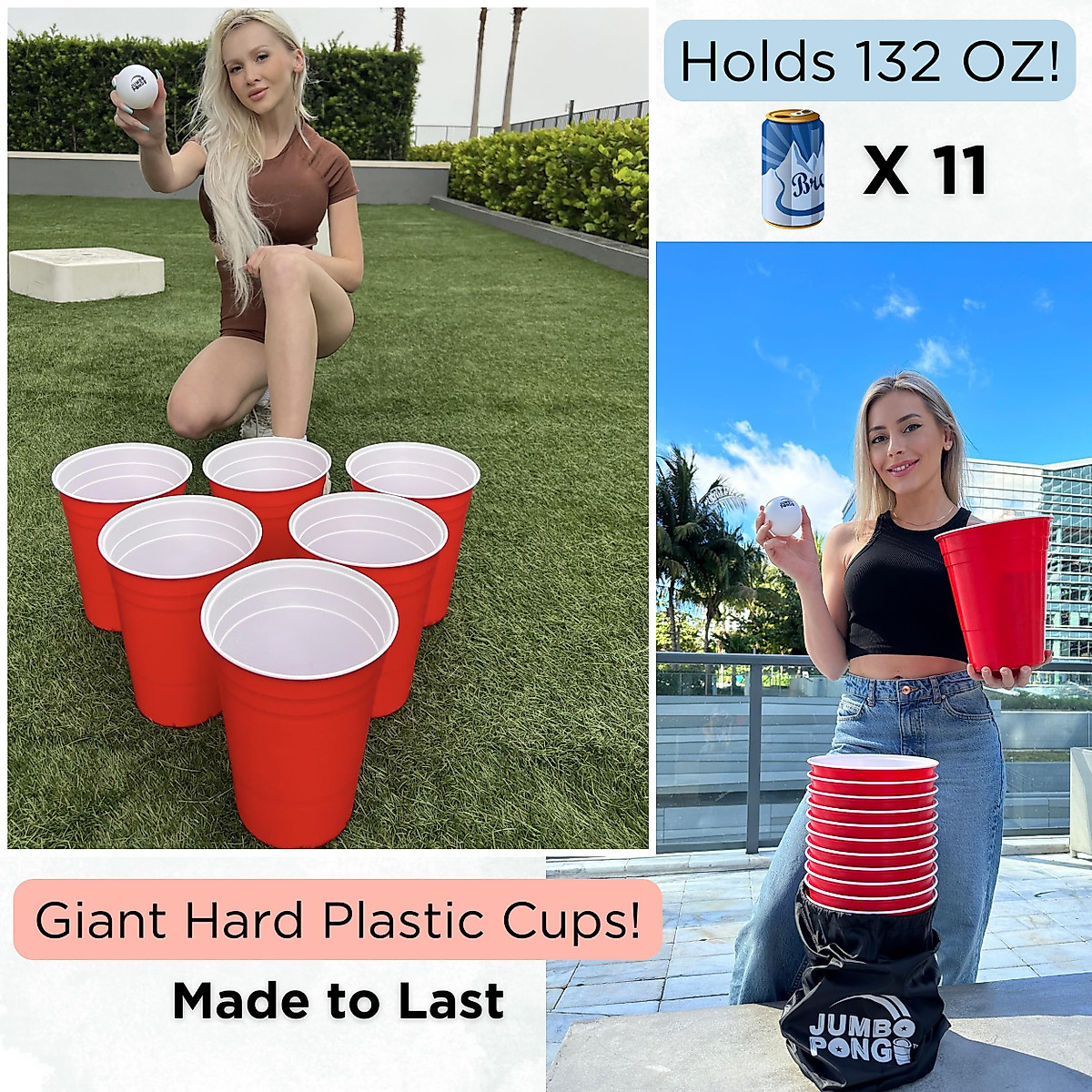 Jumbo Pong - Giant Yard Pong Outdoor Games Yard Games Lawn, Beach, Camping, Tailgating or Backyard - Durable Giant Cups with Indoor/Outdoor Ball and Pump Included