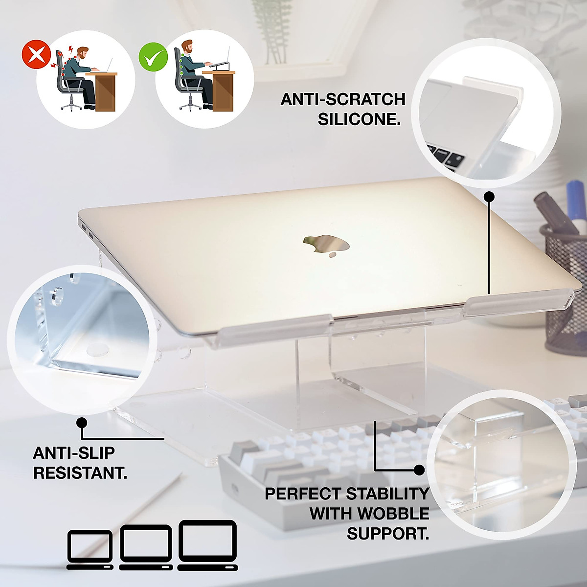 RAINCE Acrylic Laptop Stand: Premium Clear Laptop Stand for Desk. Stable & Ergonomic Design with Anti-Slip & Scratch Protection. Compatible with 10 to 16 inch Laptops