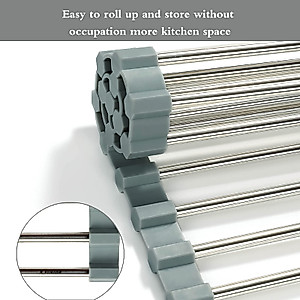 Xgunion Roll-up Dish Drying Rack Over Sink (17.8" x 11.8") 304 Stainless Steel Foldable Sink Dish Drainer Racks for Kitchen Sink Counter