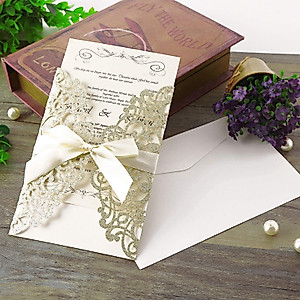 Hosmsua 50PCS 5.12 x 7.3 Glitter Laser Cut Wedding Invitations with bowknot and Envelopes Light Gold Wedding Bridal Shower Engagement Birthday Invitation (Champagne Glitter)