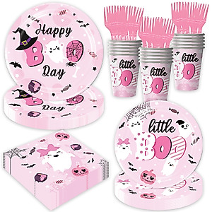 Happy BOO Day Birthday Party Decorations Set, Pink Halloween Birthday Plates,Napkins and Cups,Halloween Birthday Party Decorations for Girl, Girl Halloween Birthday Party Decorations,Serve 20 Guest.