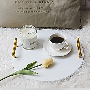 Defined Deco Round Wood Tray,Decorative Tray and Round Serving Tray, 11.6" Round Tray with Gold Metal Handles, Decorative Trays for Home Decor,Coffee Table and Ottoman, Farmhouse Serving Tray, White