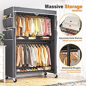 Raybee Heavy Duty Clothes Rack with Cover, 81" H Clothing Racks for Hanging Clothes with Wheels & Adjustable Feets, Portable Clothes Rack Freestanding Closet Garment Rack Max Load 500LBS (Black)