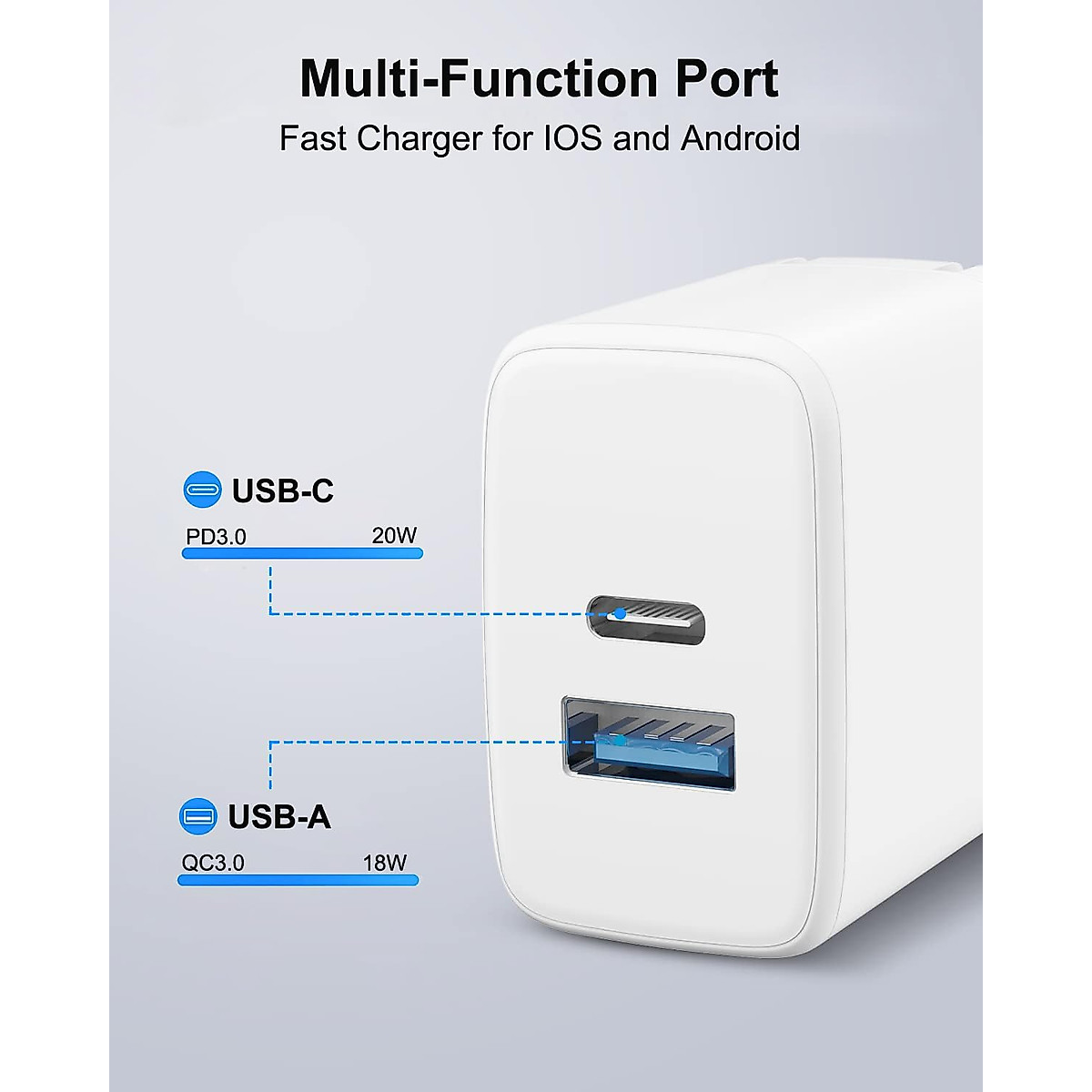 20W Dual Port Fast Charger for iPad 9th 8th 7th Generation 10.2 inch, iPad Air 3/2, iPad Mini 5, Foldable Wall Charger with 6.6ft USB-C to Lightning Fast Charging Cable