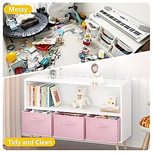 AOPNOMU Kids Bookcase and Bookshelf, Multi Shelf Cubby with 3 Collapsible Fabric Drawers, Children's Book and Toy Display Rack, Toy Storage Organizer for Bedroom, Playroom, Hallway, White + Pink