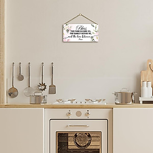 Kitchen Pink Flower Sign, Wood Wall Decoration Plaque with Rope, Home Door Decor Dining Room Shelf Wood Art Plaque for Family, Friends, Coworker, 10 x 5" Bless the Food Family Love Religion Sign -05