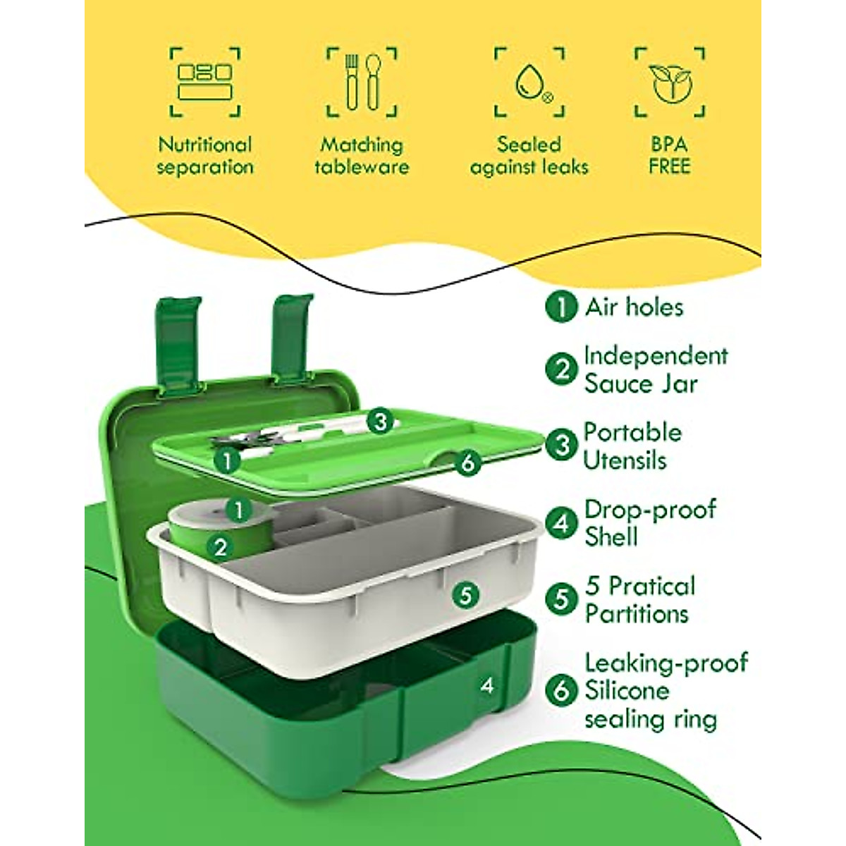 Lehoo Castle Bento Lunch Box for Kids, 1250mL Lunch Box for Boys with 5 Compartments, Kids Lunch Container with Utensil - Included Spoon, Fork, Sauce Jar, Microwave and Dishwasher Safe