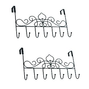 eywlwaar Over The Door 7 Hanger Rack Metal Rack for Home Use Hats Coats Key Bag Clothes Scarfs Hooks and Love Design (Black)