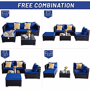 PAOLFOX 5 Piece Modern Patio Conversation Sets, Wicker Patio Furniture, Black/Blue