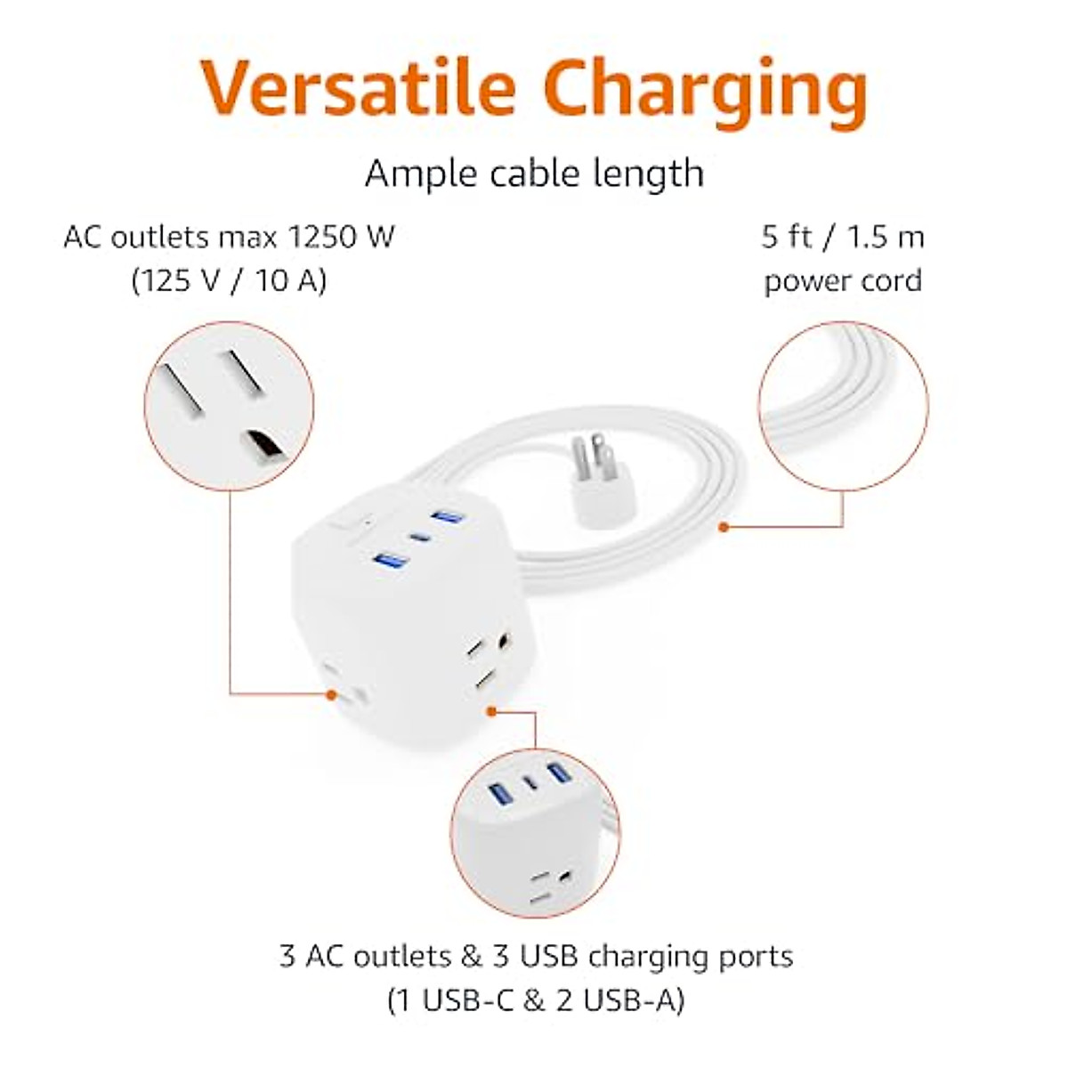 Amazon Basics Power Strip Cube 3 Outlet 3 USB Ports, 1 USB-C(15W) and 2 USB-A(12W), 5 ft Extension Cord, Home, Office, Travel, White