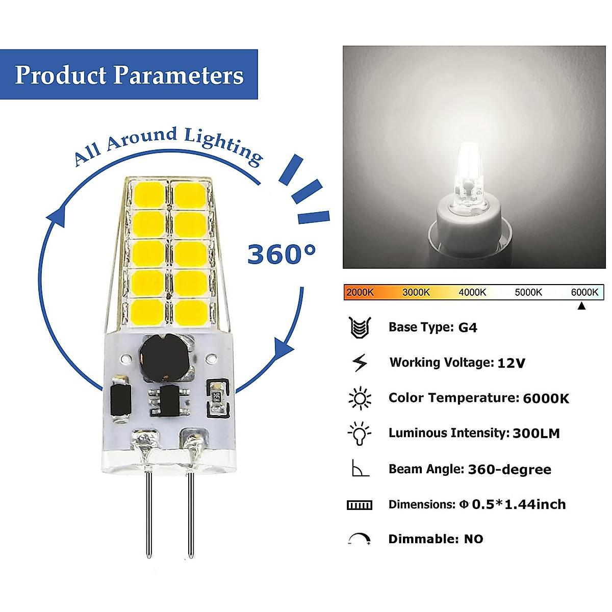 G4 LED Bulb 12V JC Tybe,20-30W T3 G4 Halogen Equivalent,6000K Daylight White,G4 Bi-Pin Base,300LM,Chandelier Lighting/Landscape Lighting, Non-dimmable 10-Pack …