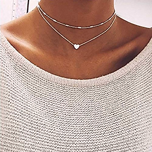 Tgirls Layered Heart Choker Necklace Silver Heart Pendant Necklaces Ball Collar Jewelry for Women