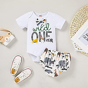 GRNSHTS Baby Kids 1st Birthday Shorts Set Infant Boy Girl Wild One Animal Romper Bodysuit Cake Smash Party Clothes(White,12-15M)