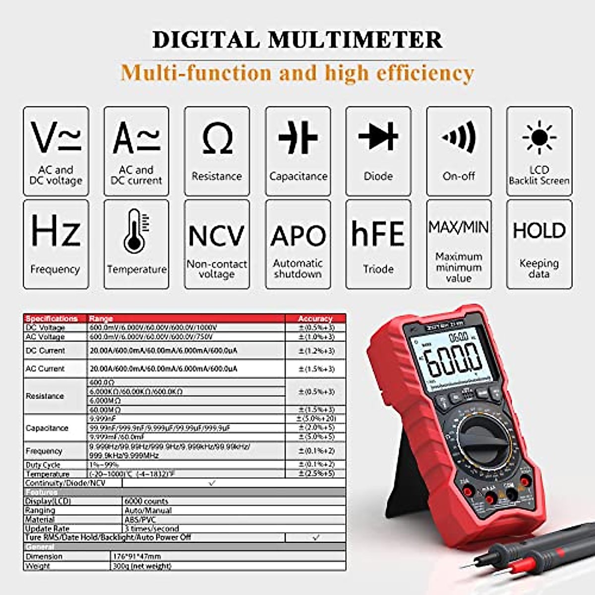 ZOTEK ZT-980 Digital Multimeter Tester True RMS 6000 Counts High Precision Display NCV,Measures Voltage Current Resistance Capacitance Frequency Duty Cycle,Tests Diodes Transistors.