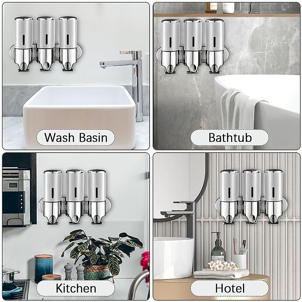 prosfalt 3 in 1 Chamber Wall Mounted Bathroom Shower Pump Dispenser and Organizer-Holds Shampoo, Soap, Conditioner, Shower Gel, for Bathroom Kitchen Hotel (Silver)