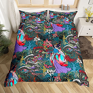 Dragon Duvet Cover King Japanese Style Exotic Bedding Sets Animal Pattern Plant Floral Decor Comforter Cover Asian Culture Theme Bedding with Zipper Ties Soft Luxury Duvet Cover for Adult Women Girls