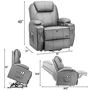 Flamaker Power Lift Recliner Chair PU Leather for Elderly with Massage and Heating Ergonomic Lounge Chair for Living Room Classic Single Sofa with 2 Cup Holders Side Pockets Home Theater Seat (Gray)