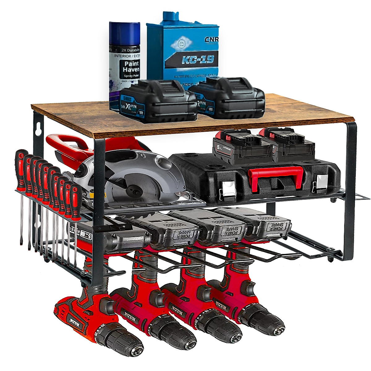 HomeBoo Power Tool Organizer, 4 Power Drill Holder Wall Mount, 3 Layers Heavy Duty Rack WOOD Top Shelf, Garage Tool Organizer, Garage Storage Shelf, Father Day Gift