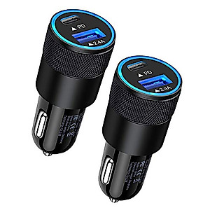 30W USB C Car Charger, [2Pack] PD 3.0 Fast Charge Dual Port USB Type C and 2.4a USB A Cargador Carro Lighter Adapter Base for iPhone, iPad, Samsung Galaxy, LG, Google Pixel GPS, Z Play Droid, Motorola