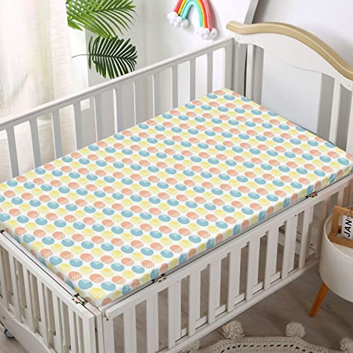 Pastel Themed Fitted Mini Crib Sheets,Portable Mini Crib Sheets Ultra Soft Material-Great for Boy or Girl Room or Nursery,24“ x38“,Salmon Pale Blue Yellow