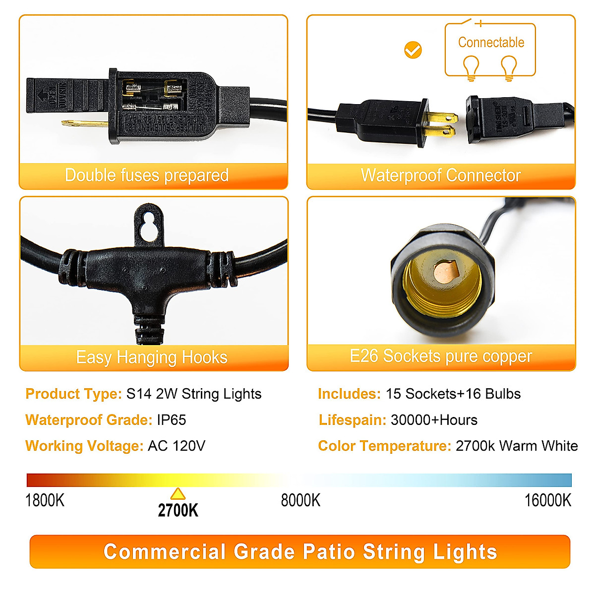 Anxbbo LED Outdoor String Lights, 48FT Patio Lights with 16 Edison Shatterproof Bulbs, UL Listed Heavy-Duty Commercial Grade Strand, Linkable Waterproof Hanging Lights for Outside Deck Backyard Garden