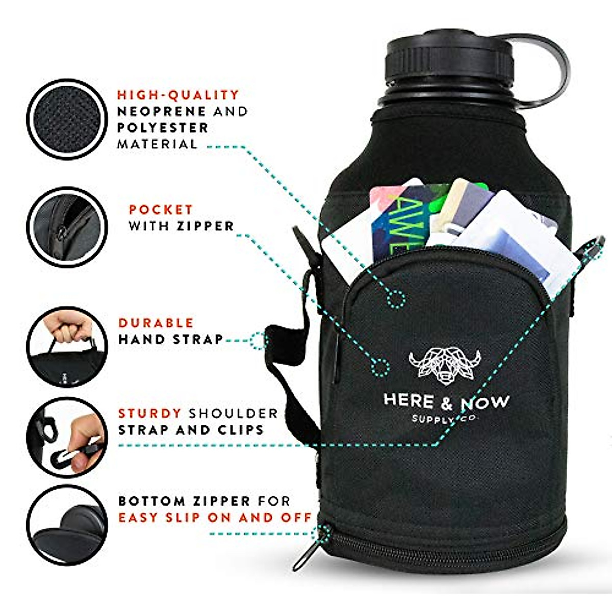 Growler for Beer & Water | 64 oz Double Wall Vacuum Insulated Stainless Steel Thermos Bottle | Jug for Hot & Cold Beverages | Carry Case with Pocket Included | by Here & Now Supply Co. (Black)