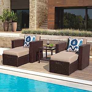 Super Patio 5 Piece Outdoor Furniture Set, PE Wicker Rattan Small Patio Set Balcony Furniture, Outdoor Sofa with Ottomans, Tempered Glass Side Table, Beige Cushions, for Porch, Deck, Poolside
