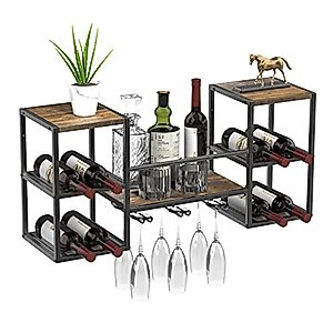 MOOMLIFE Wine Rack Wall Mounted with 3 Stem Glass Holders, Holds 12 Bottles Wine, Liquor Bottle Display Shelf, Elegant Storage for Kitchen, Dining Room