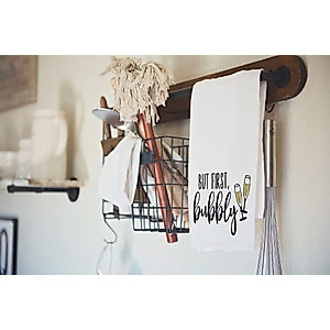 Handmade Funny Kitchen Towel - 100% Cotton Funny Hand Bar Towels for Champagne Celebrations - 28x28 Inch Perfect for Hostess Housewarming Christmas Mother’s Day Birthday Gift (But First Bubbly)