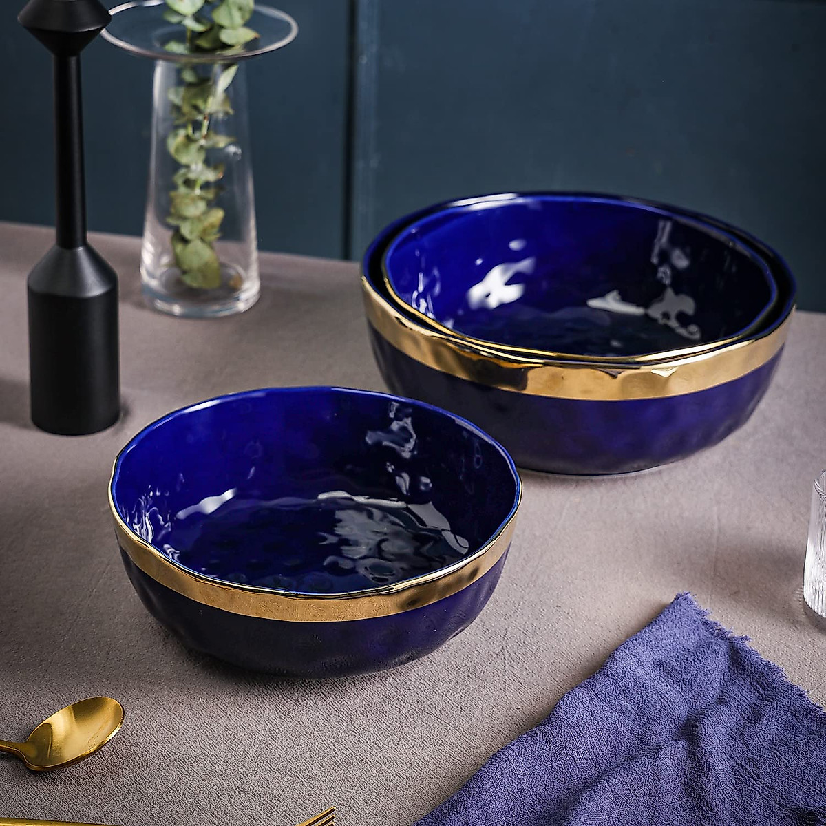 Stone Lain Florian Porcelain 3-Piece Round Bowl Service Set, Blue with Gold Rim