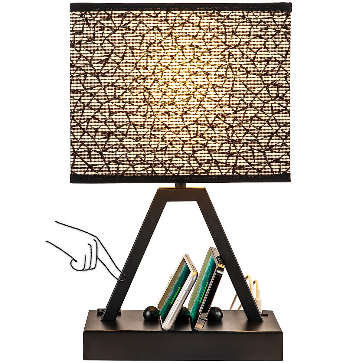 Briever USB C Touch Control Table Lamp, 3-Way Dimmable Desk Lamp with USB C & USB A and AC Outlet, Bedside Lamp with Phone Stands and Black Shade for Bedroom, Living Room, Office, LED Bulb Included