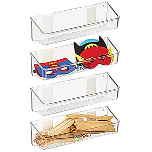 mDesign Plastic Adhesive or Wall Mount Wide Toy Storage Tray Basket; for Playroom, Kids Bedroom Organization; Holds Small Toys, Craft School Supplies + 24 Labels, Ligne Collection, 4 Pack, Clear