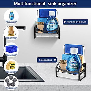 Forprim Kitchen Sink Caddy Sponge Holder,Kitchen Sink Organizer with Auto Drip Tray,Stainless Steel Dish Sponge Holder for Kitchen Sink Countertop with Detachable Dish Towel Bar (Black)