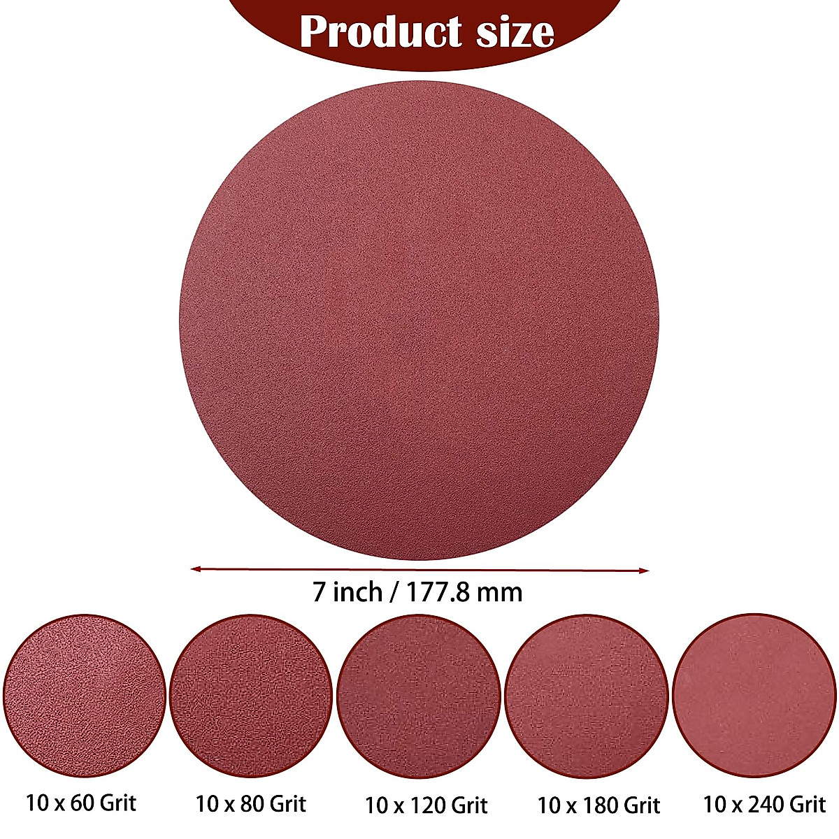 Tonmp 50 PCS 7 Inch Hook-and-Loop Sanding Discs Sandpaper - 10 pcs Each of 60 80 120 180 240 Grits Sander Paper for for Random Orbit Drywall Sander
