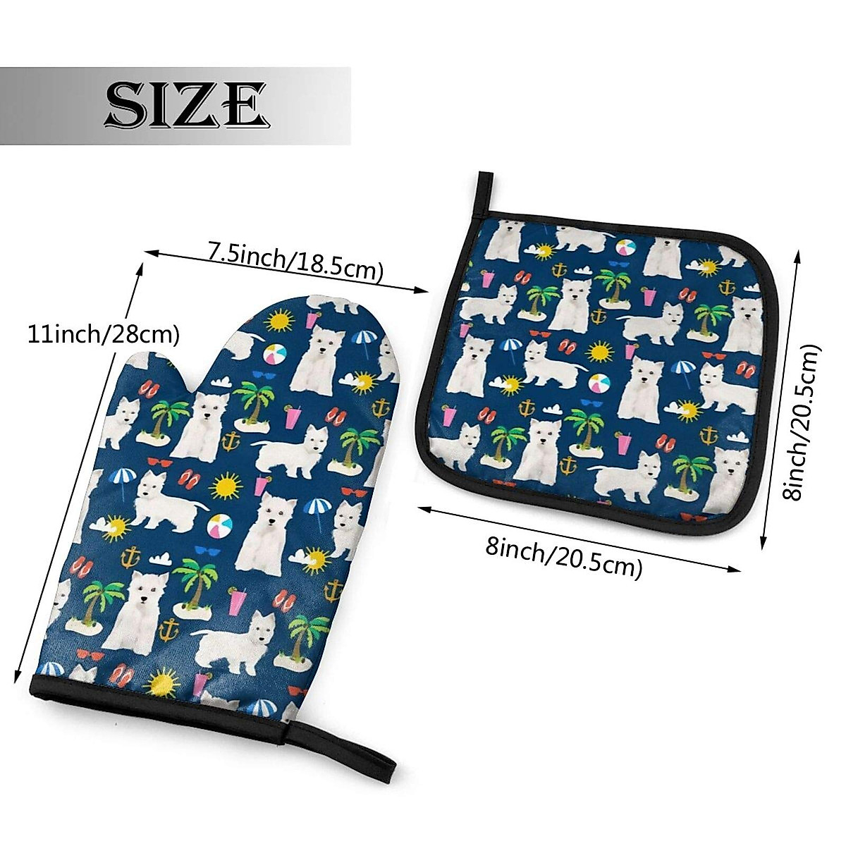 Westie Dogs Beach Summer Tropical Oven Mitts and Pot Holders Set Kitchen Gift Set for Kitchen Cooking Baking, BBQ