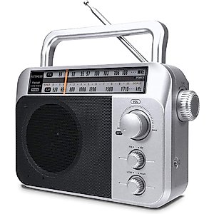 Retekess TR604 AM FM Radio Portable Transistor Analog Radio with 3.5mm Earphone Jack Battery Operated Boombox by 3 D Cell Batteries or AC Power (Silver, AM FM)