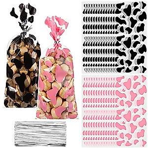 100 Pcs Cow Print Goodie Bags Cow Party Favors Treat Bags Cellophane Gift Bags with Twist Ties for Cow Theme Baby Shower Cowgirl Cowboy Birthday Party Supplies