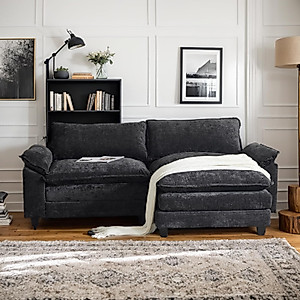 Karl home Sectional Sofa Modular Deep Seat Sofa Couch with Ottoman, Chenille Sofa Sleeper Comfy Upholstered Furniture for Living Room, Apartment, Studio, Office, (2-Seat & 1-Ottoman, Black)