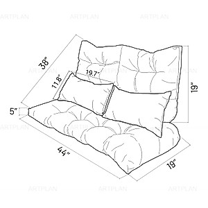 ARTPLAN Outdoor Cushions for Settee,Wicker Loveseat Cushions with Tie,Tufted Patio Cushions 2 U-Shaped Set of 5 Piece,L44xW19,Floral,Grass Green