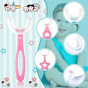 6 Pieces Kids U Shaped Toothbrush Kids Toothbrush Soft Silicone Kid Toothbrush Manual Toddler Toothbrush Whole Mouth Toothbrush U Type Toothbrush with Handle for Children 2-6 Years Old, Pink, Blue