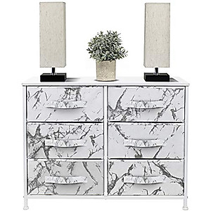 Sorbus Dresser with 6 Drawers - Furniture Storage Chest Tower Unit for Bedroom, Hallway, Closet, Office Organization - Steel Frame, Wood Top, Easy Pull Fabric Bins (Marble White – White Frame)