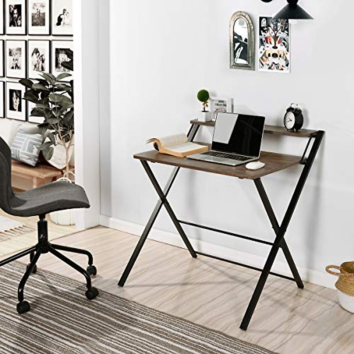 FurnitureR 31.9'' Folding 2 Tier Foldable Assembly Saves Space for Home Office Study, Metal Frames/Wood Top Laptop Table, Brown Computer Desk