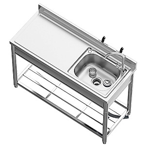 Free Standing Stainless-Steel Single Bowl, Commercial Restaurant Kitchen Sink Set w/Faucet & Drainboard, Prep & Utility Washing Hand Basin w/Workbench & Storage Shelves Indoor Outdoor (47in)