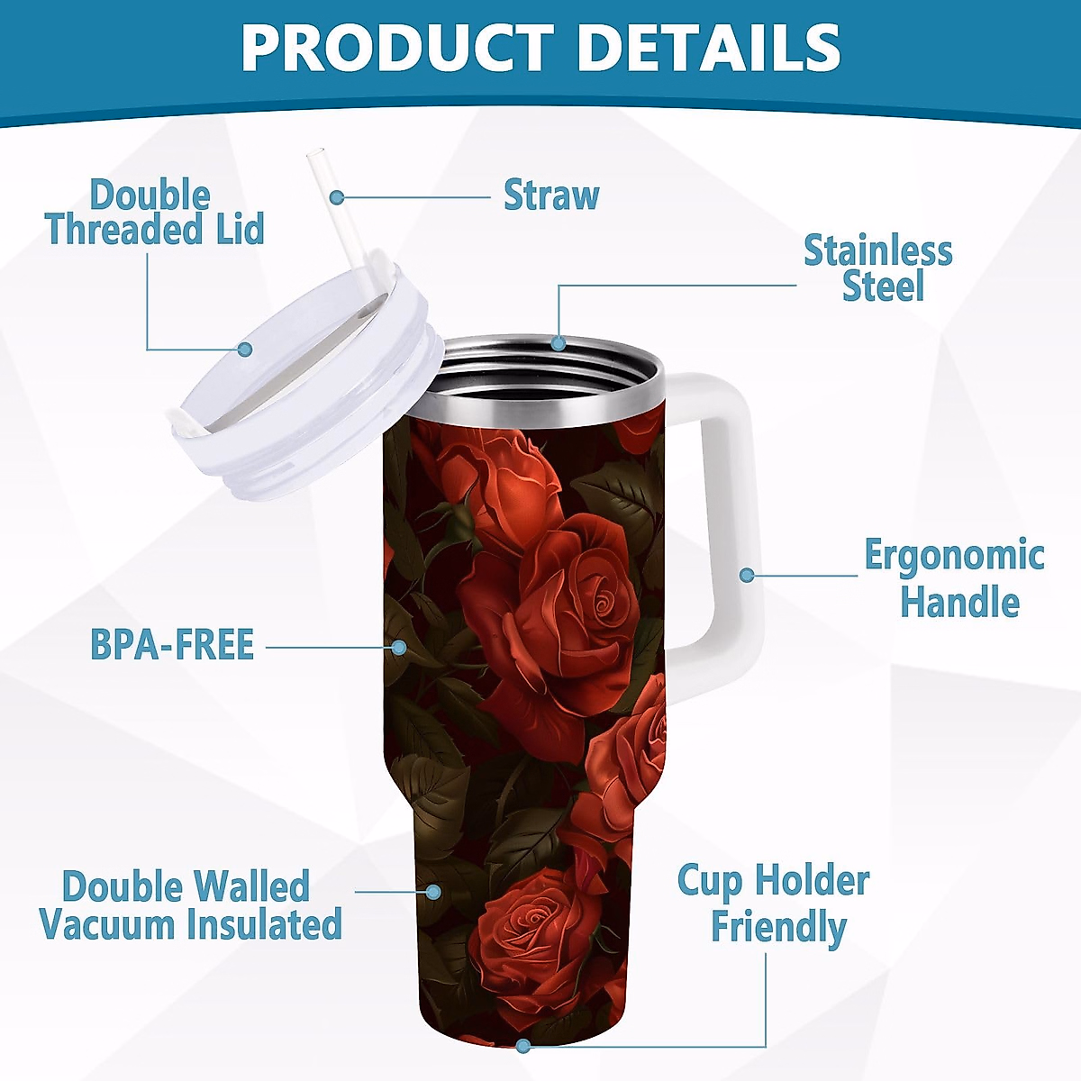 ALAZA Dark Red Rose Flowers 40 oz Tumbler Stainless Steel Water Bottle Vacuum Insulated Cup with Straw Lid & Handle For Travel Car Cup Holder