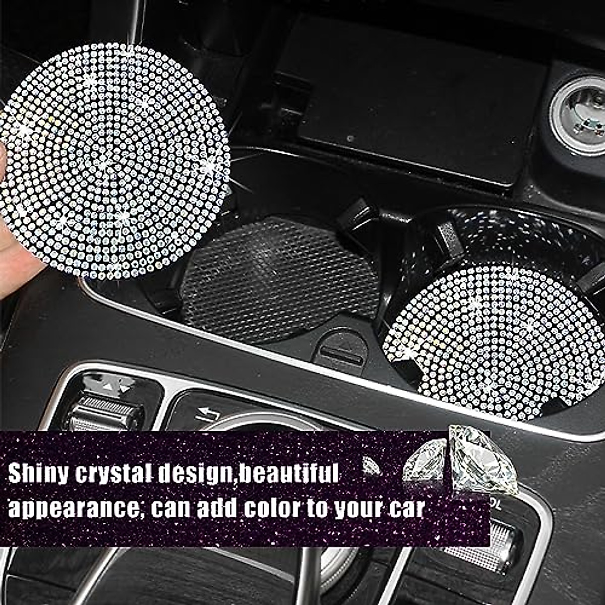 Kewucn 2PCS Bling Cup Holder Coasters for Car, 2.73 Inch Non-Slip Silicone Crystal Rhinestone Cup Mat, Universal Insert Cup Ornaments Coasters, Vehicle Interior Accessories for Women (Colorful)