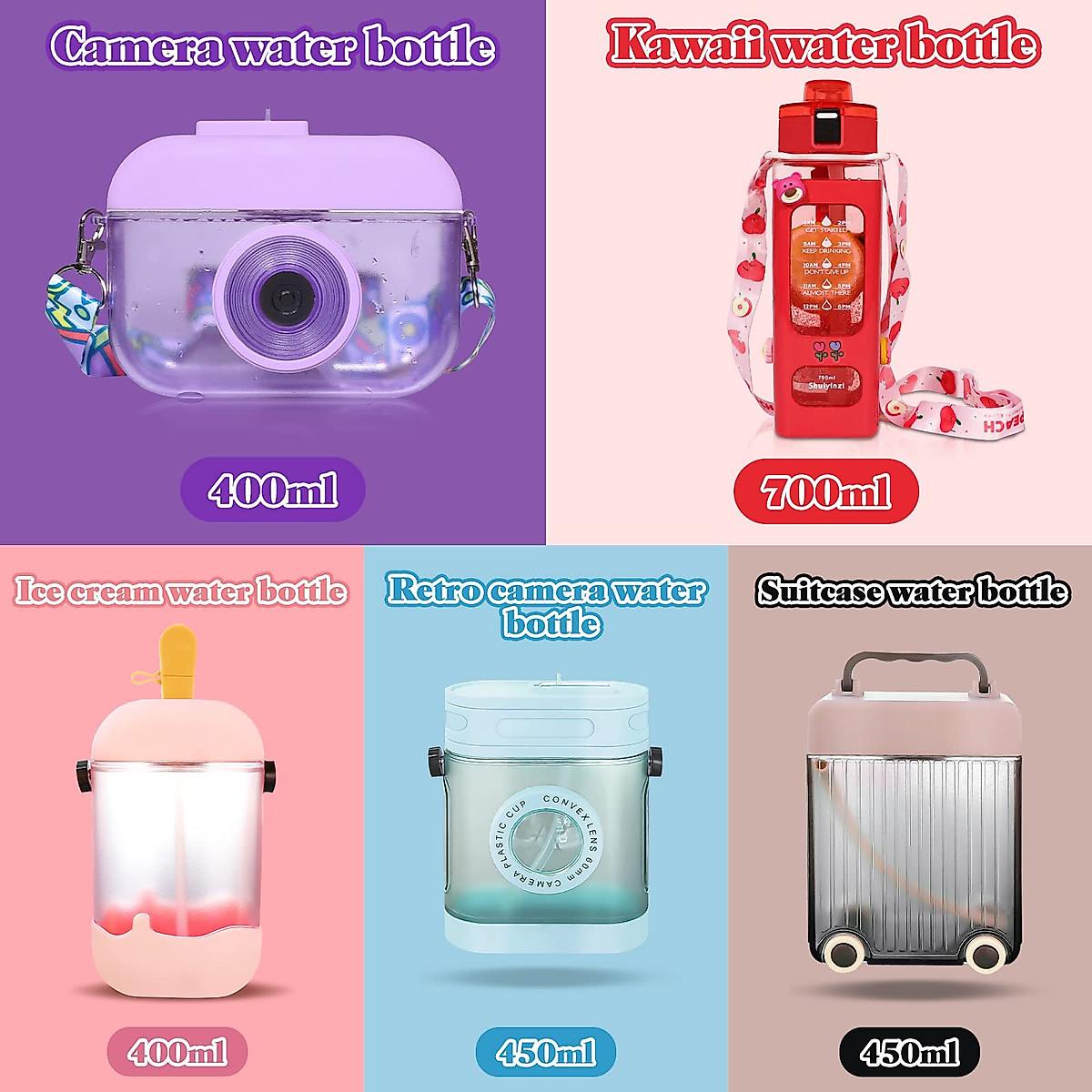 MooLamps Ice Cream Popsicle Cups,Juice Drinking Cups Cute 3D sticker Ice Cream Bar Water Bottles with BPA-Free Straws Adjustable Shoulder Strap for Boys Girls Adult Sports Bottles