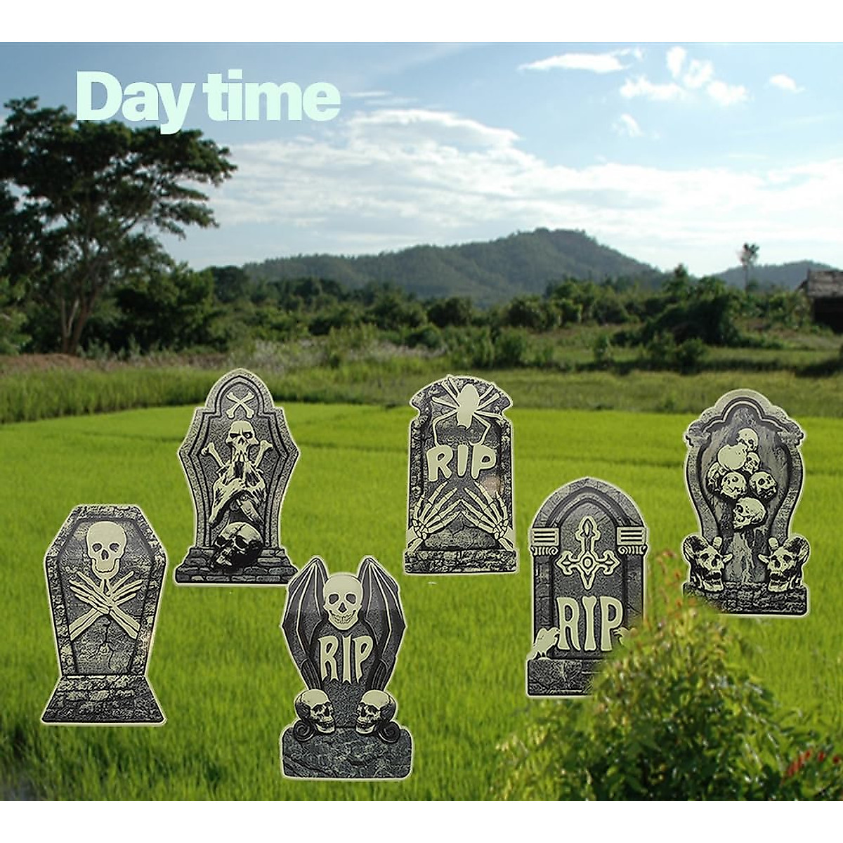 Fluorescent Halloween RIP Tombstones | 6 Tombstones Halloween Decor With 12 Fix Stakes, Scary Halloween Yard Outdoor Lawn Signs for Haunted House Garden Yard and Scary Theme Party